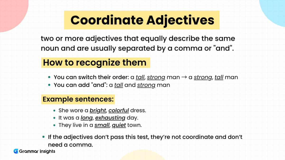 What are Coordinate Adjectives? Definition, Rules & Examples